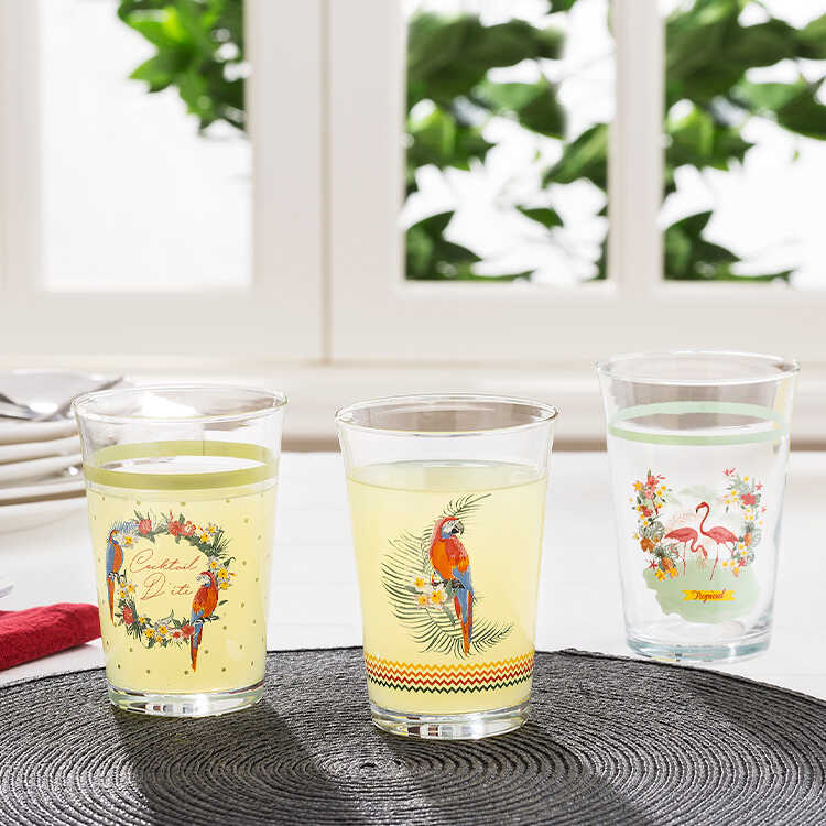 Tropical Print Water Glasses Set , 3 Pieces